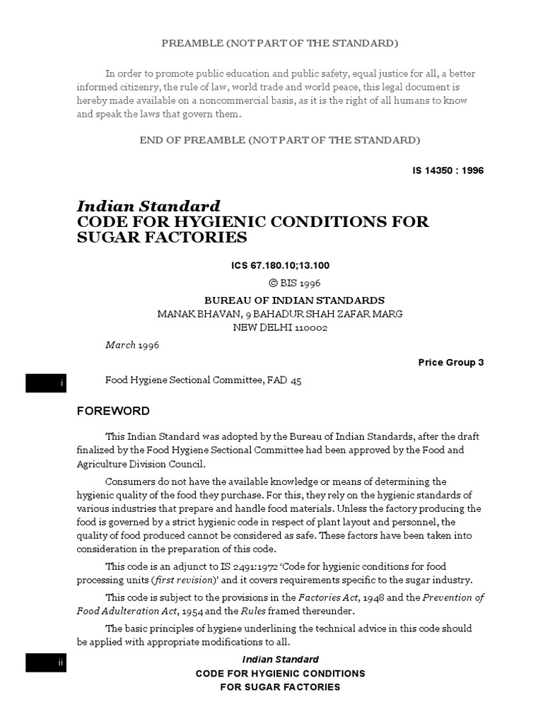 Indian Standard - Code For Hygienic Conditions For Sugar Factories ...