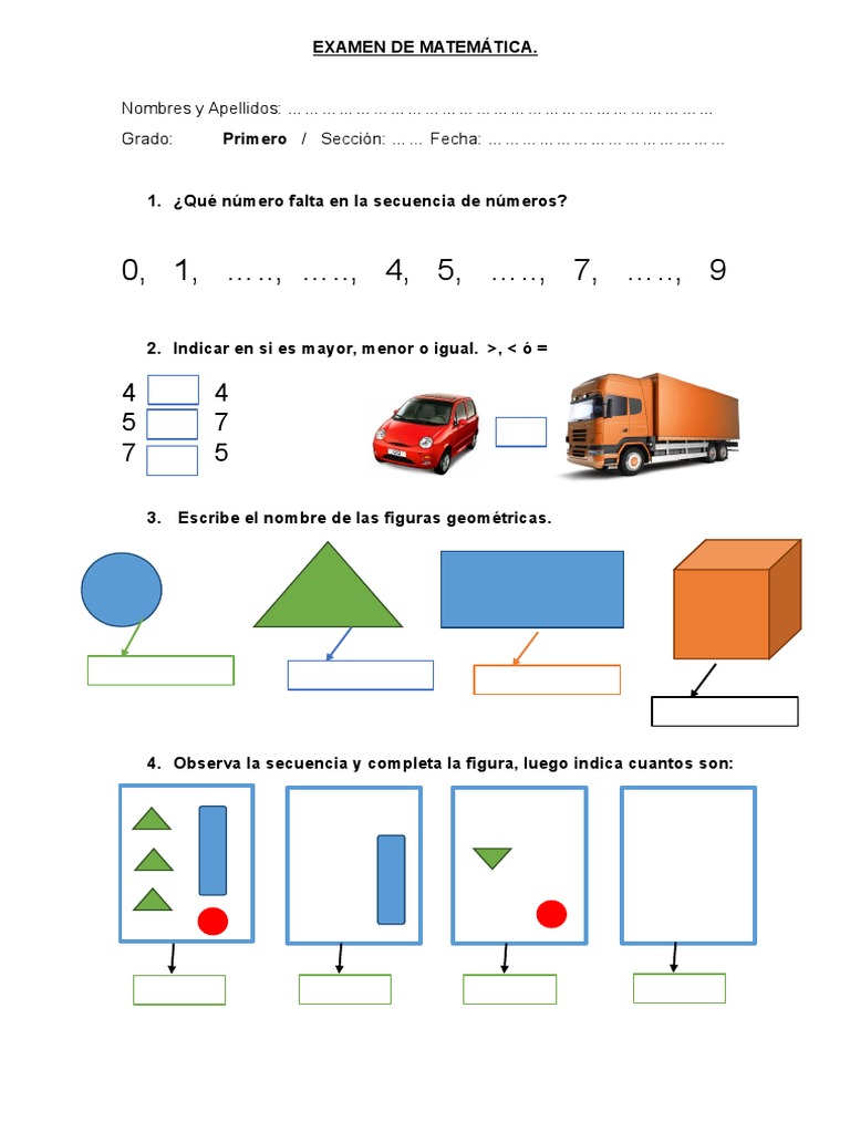 Examen de Matemática para Primer Grado | PDF