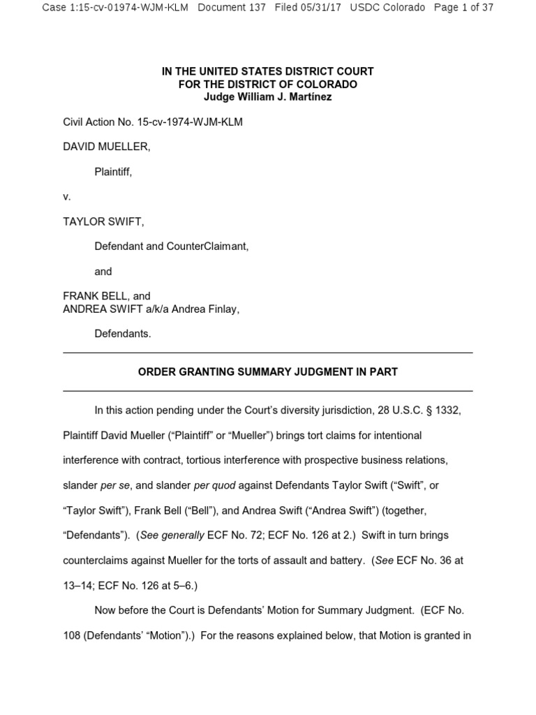 Taylor Swift-David Mueller Order Granting Summary Judgment in Part ...