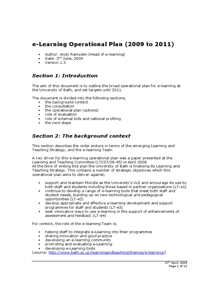 Elearning Operational Plan | PDF | Moodle | Educational Technology