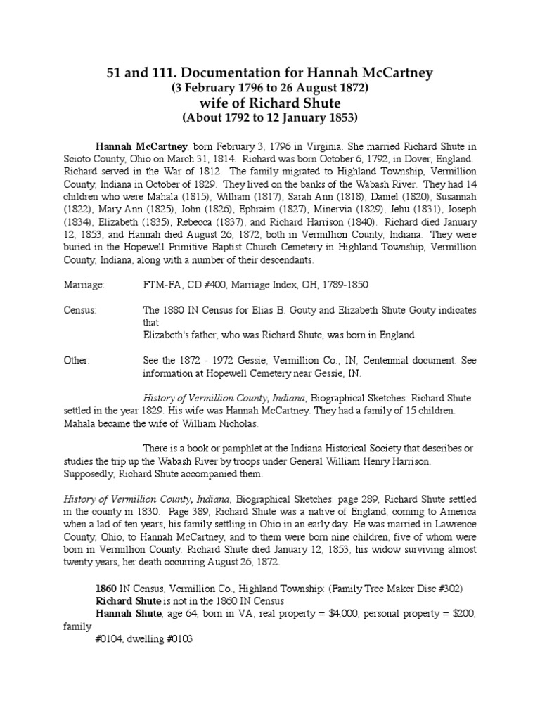 51 and 111. Documentation For Hannah Mccartney Wife of Richard Shute ...