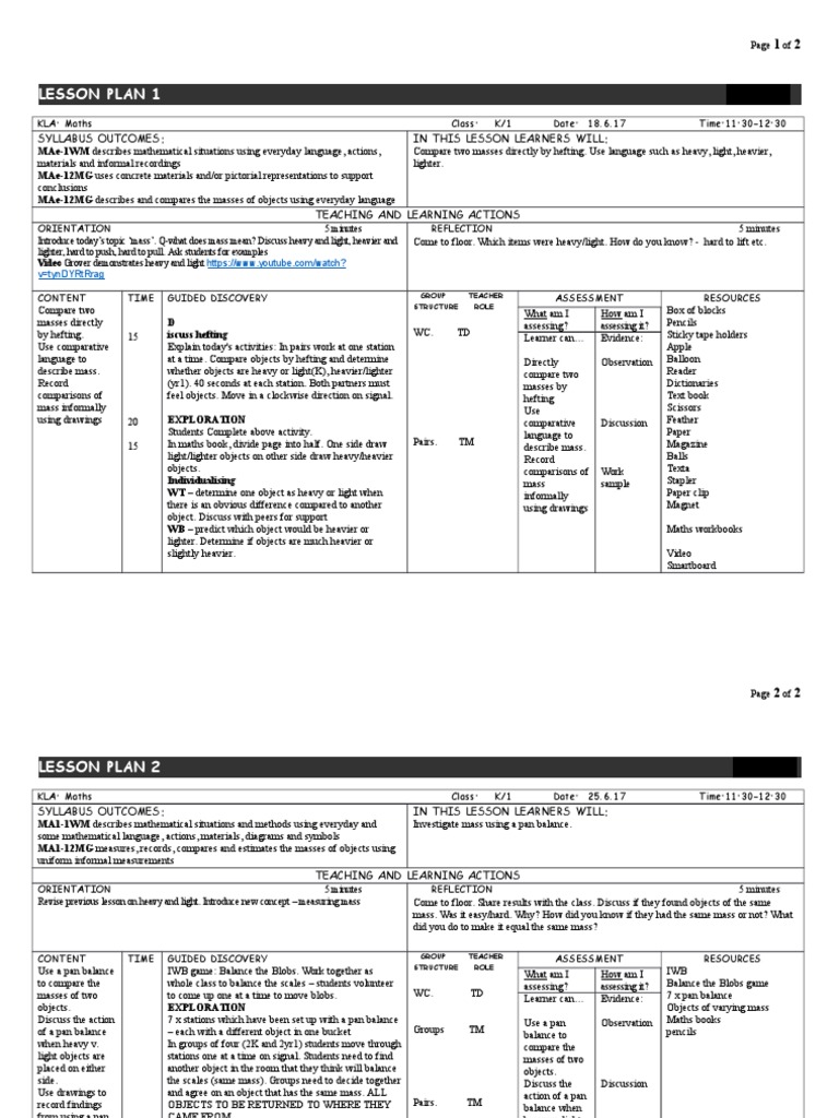 Hefting and Mass Activities for K/1 | PDF | Weighing Scale | Lesson Plan