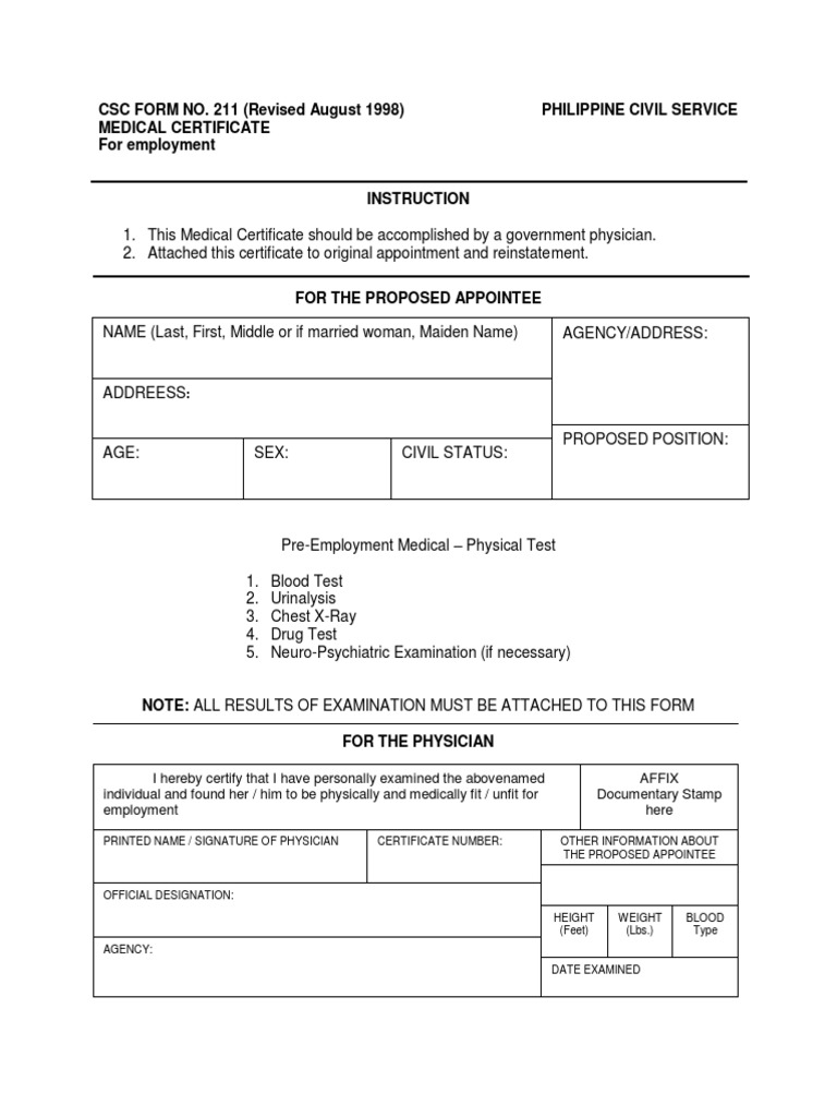 CSC FORM NO. 211 (Revised August 1998) Philippine Civil Service Medical ...