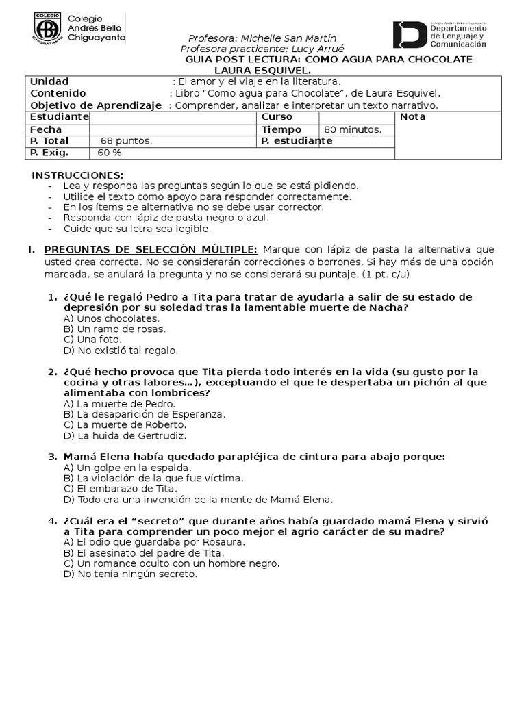 Guia Post Lectura Como Agua para Chocolate | PDF