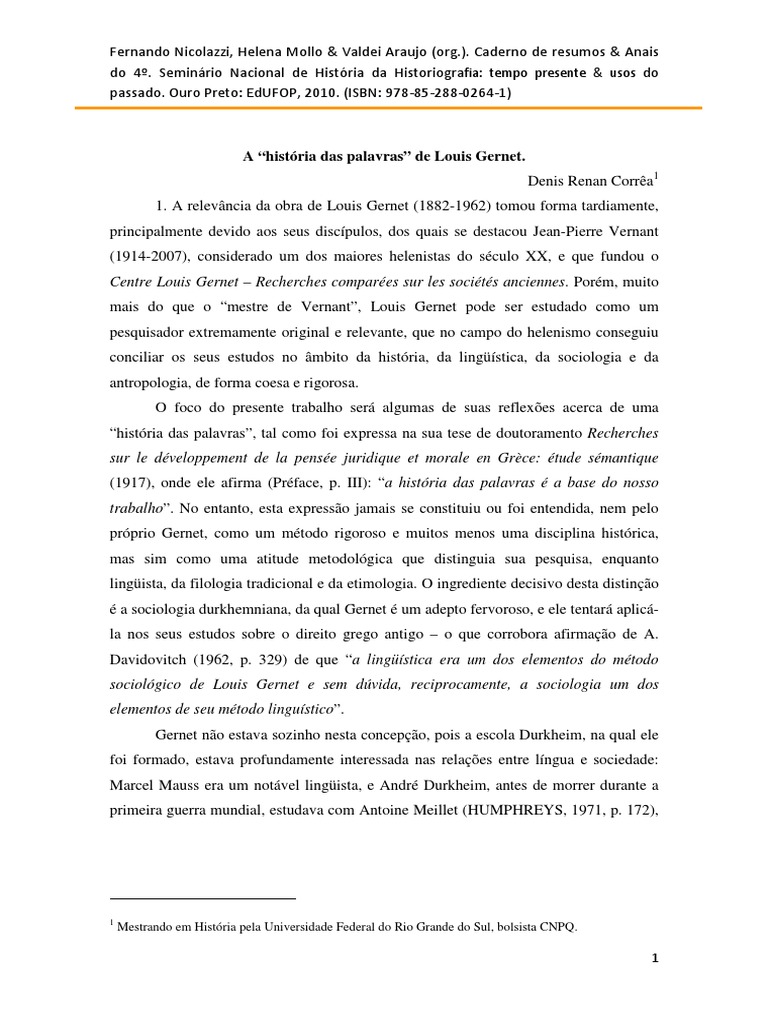 A Historia Das Palavras de Louis Gernet PDF | PDF | Émile Durkheim ...