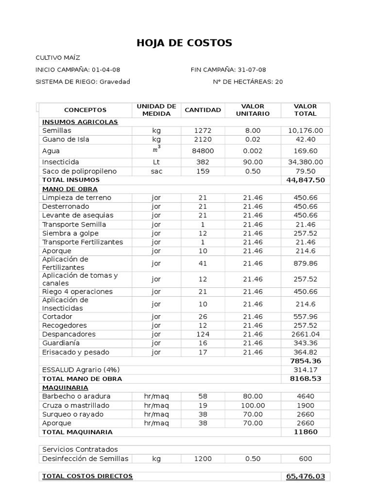 Ejemplo de Hoja de costos