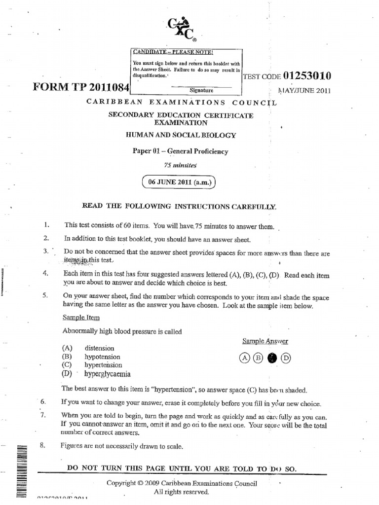 Human and Social Biology Paper 1 (2011) | Science | Biology