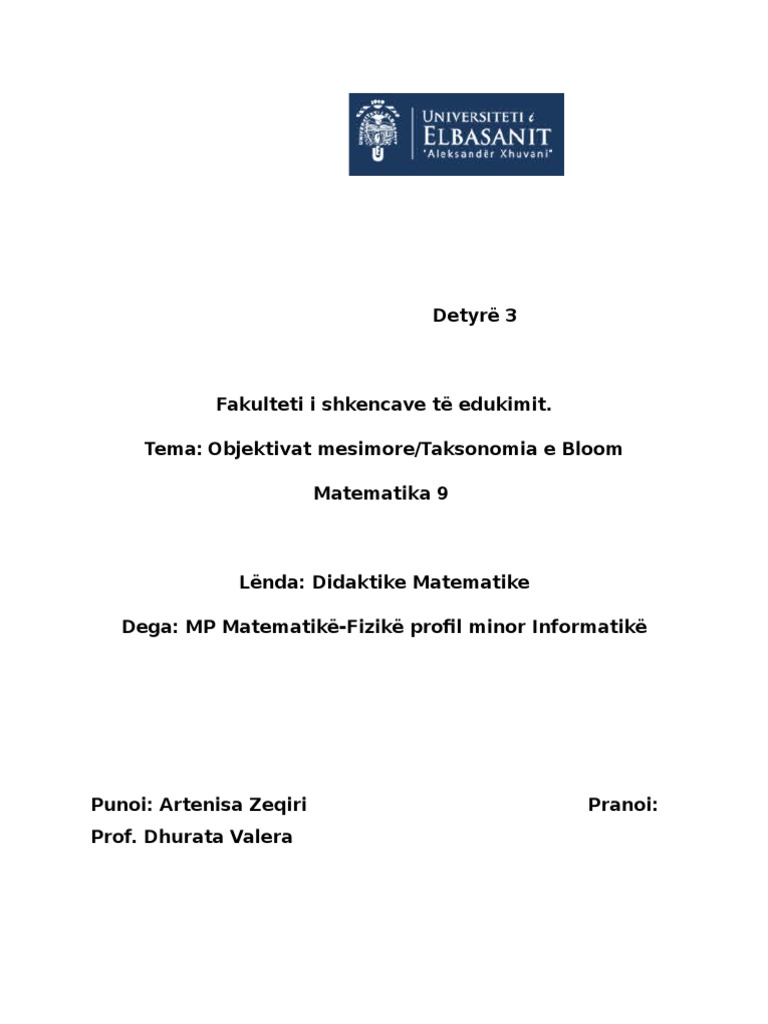 Taksonomia e Bloom, Objektivat | PDF