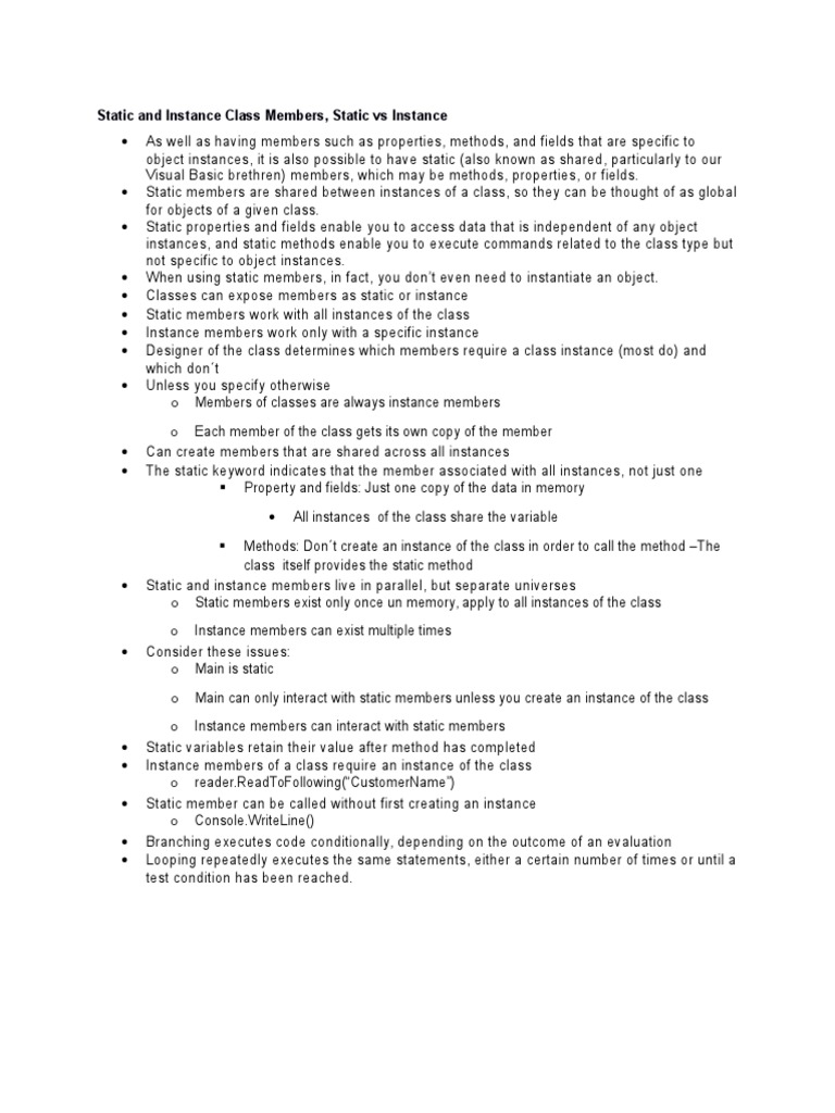 Static And Instance Class Members Static Vs Instance Pdf Class 5202