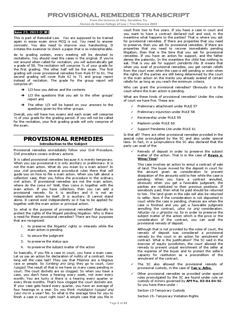 3M TSN 2015 Provisional Remedies Complete | PDF | Fraud | Damages