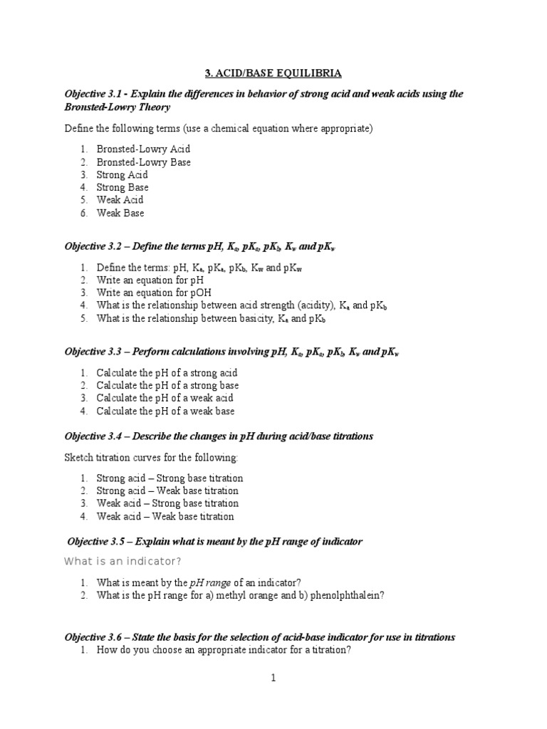 Acid Base Equilibria Worksheet | PDF