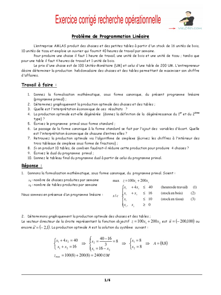 Exercice Corrige Recherche Operationnelle PDF | PDF | Optimisation linéaire | Analyses