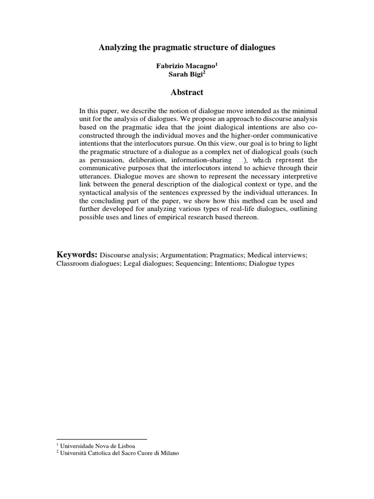 Analyzing The Pragmatic Structure of Dialogues: Fabrizio Macagno Sarah ...