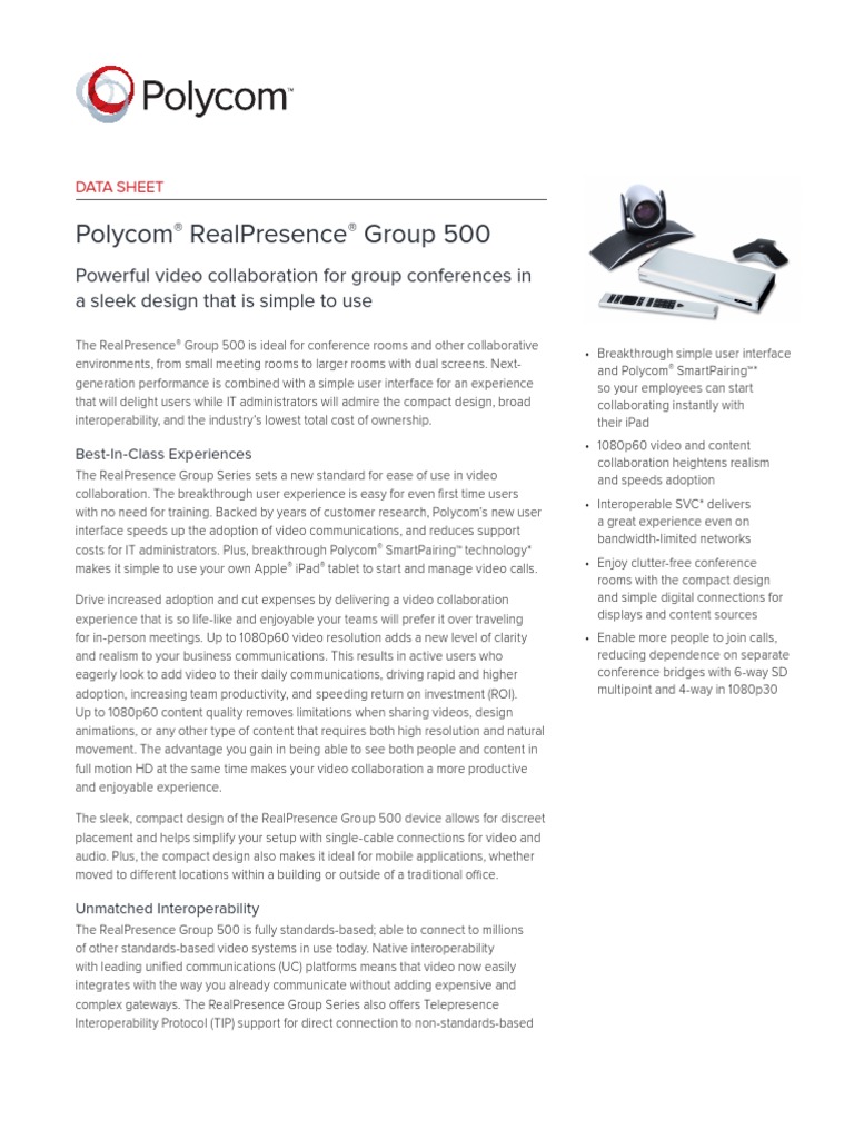 Polycom Realpresence Group 500 Data Sheet | PDF | Videotelephony | Hdmi