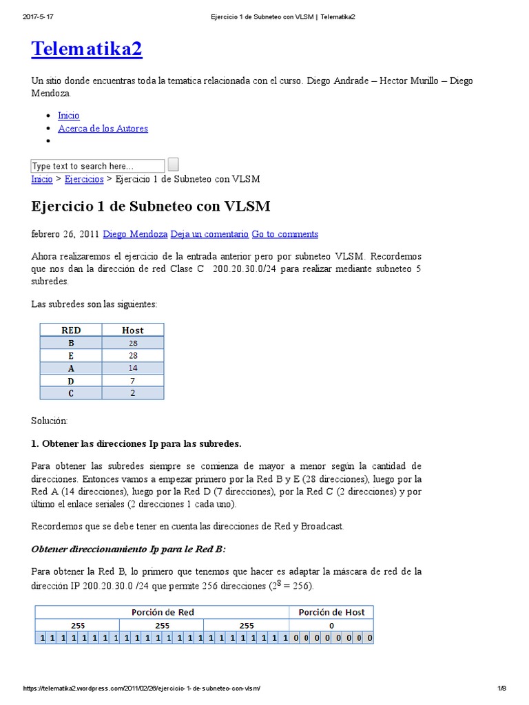 Ejercicio 1 de Subneteo Con VLSM - Telematika3 | PDF | Dirección IP | Estándares de internet