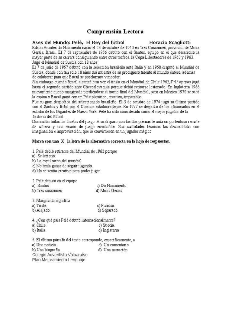 Comprensión Lectora | PDF | Deportes | Asociación de Futbol