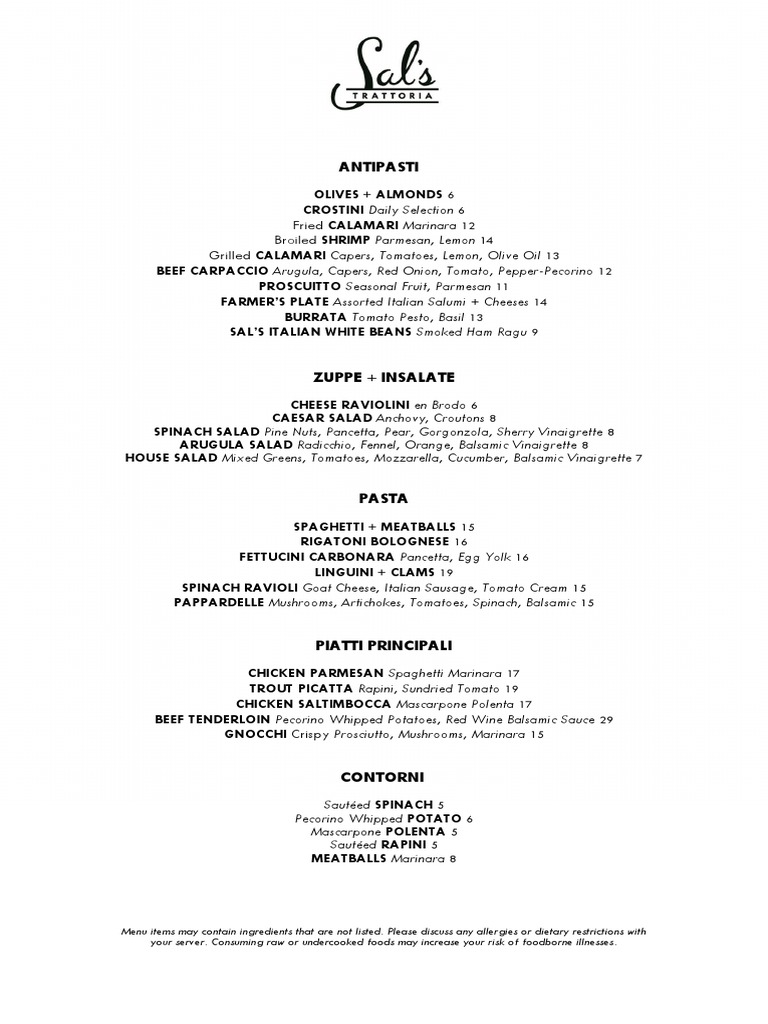 Sal's Trattoria Menu | PDF