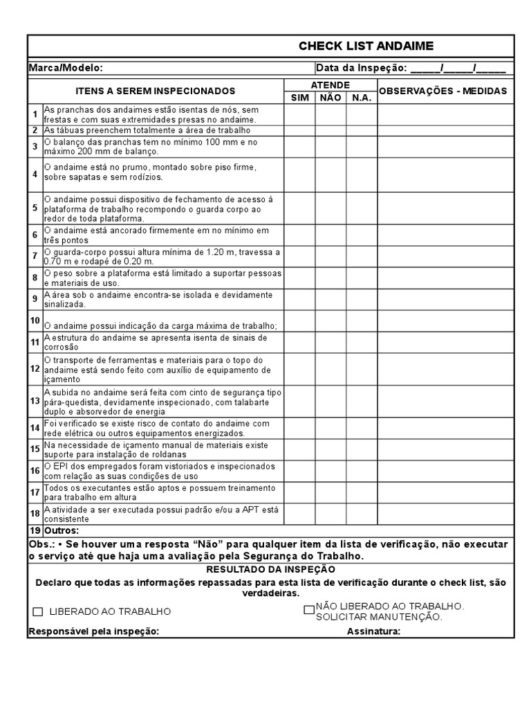 Check List Andaime | PDF | Science | Engenharia
