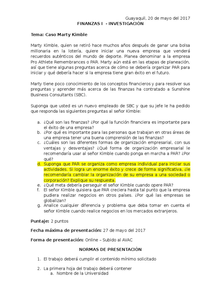 FINANZAS Caso Marty Kimble | PDF | Página web | Science