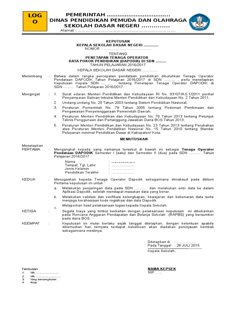 Contoh SK Operator Sekolah Terbaru 2016-2017 | PDF