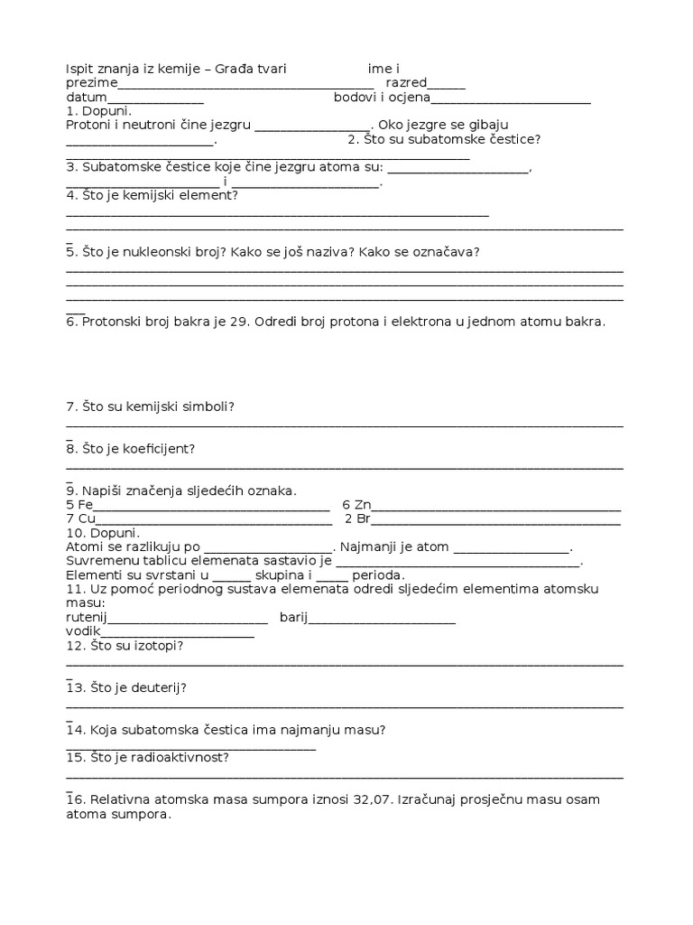 Ispit Znanja Iz Kemije (Lekcije 4.1. - 4.7.) GRAĐA TVARI