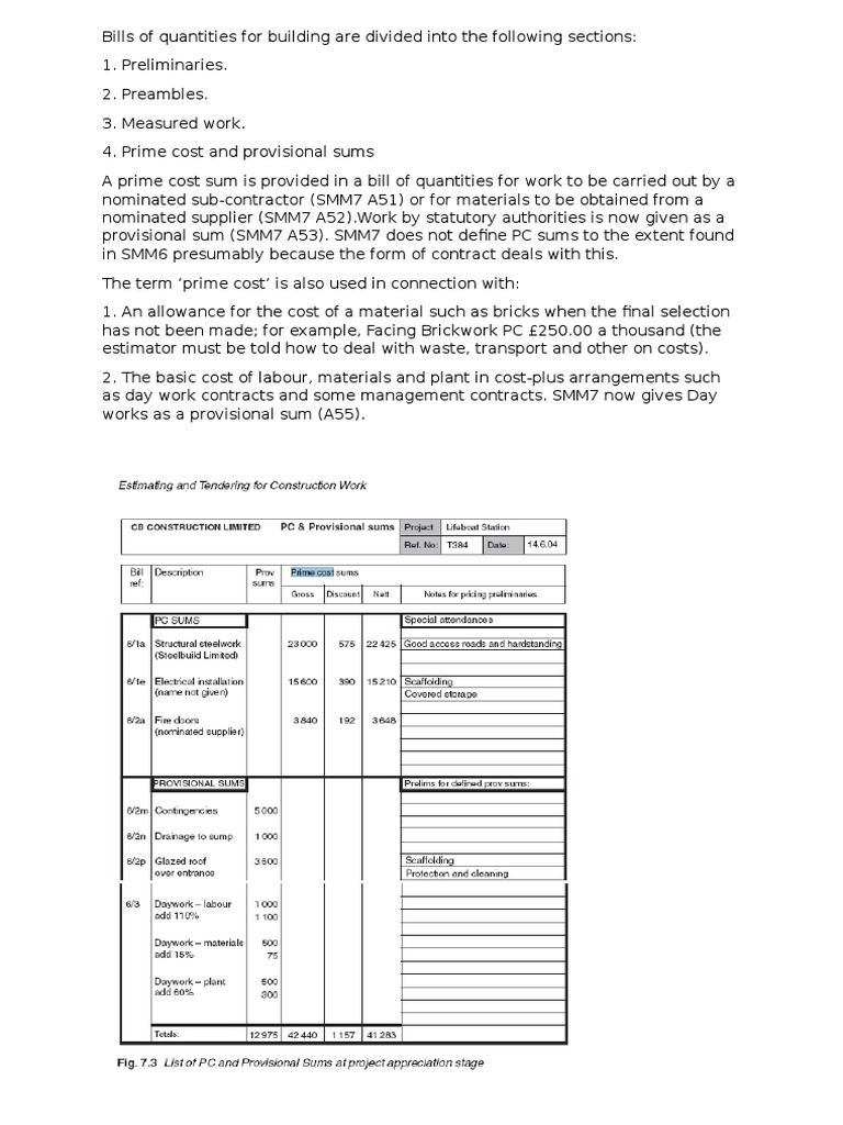 Bills of Quantities for Building Are Divided Into the Following Sections