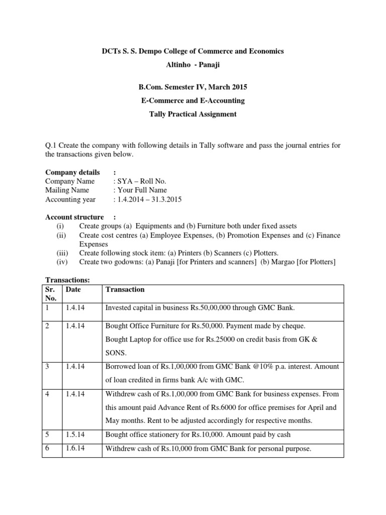 Tally Practical Assignment for B.Com. | PDF | Financial Transaction | Banks