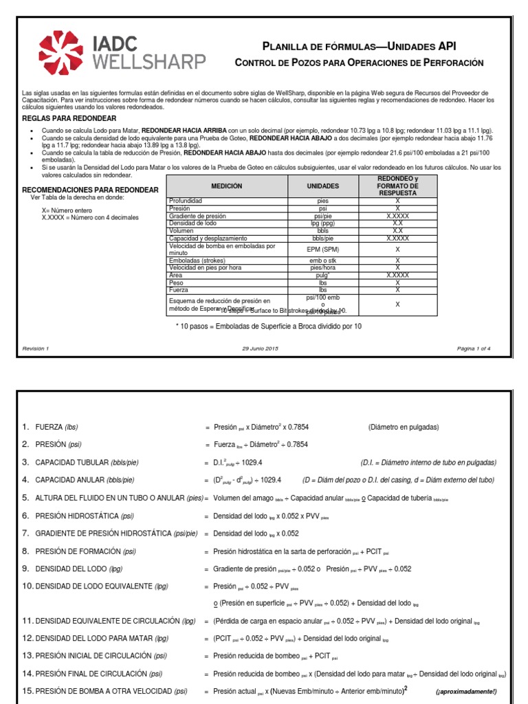 Plantilla de Formulas IADC | PDF | Presión | Bomba