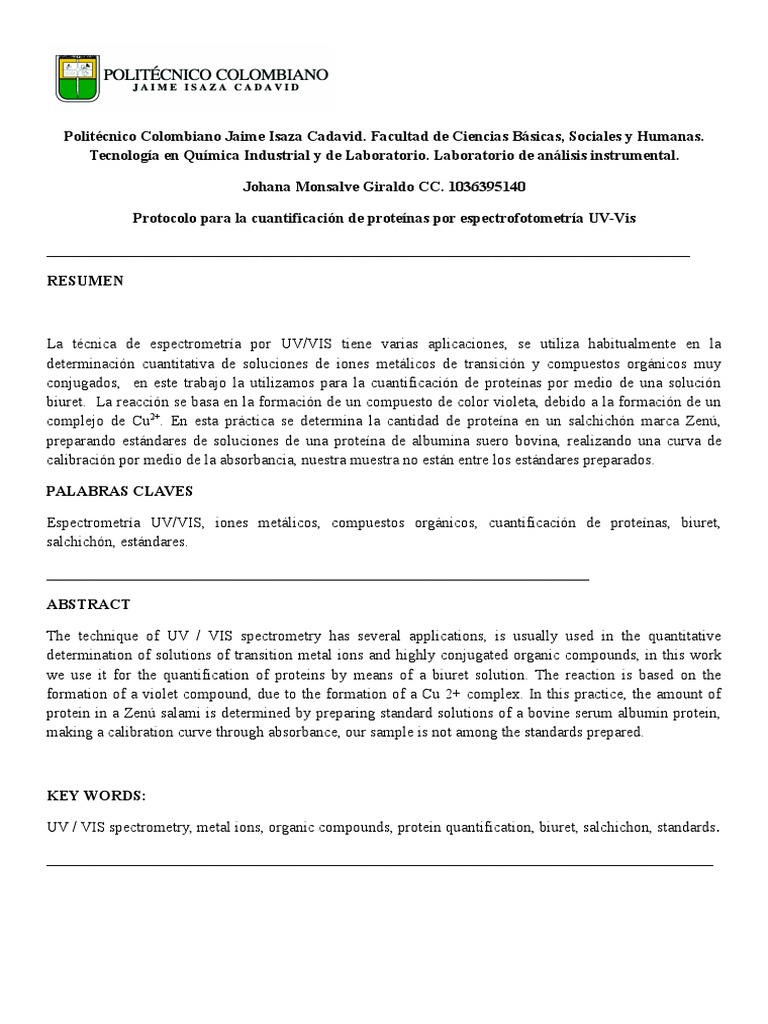 Practica UV - VISIBLE | PDF | Espectrofotometria | Proteínas