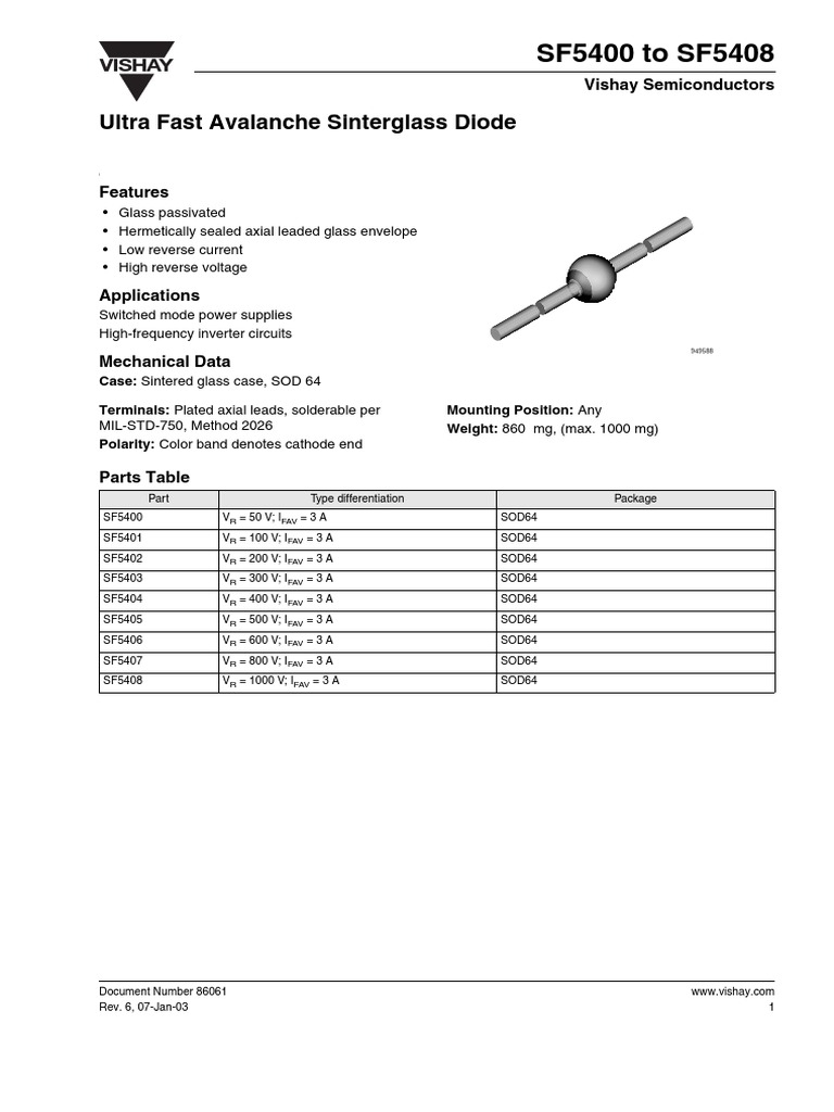 SF5400 To SF5408: Ultra Fast Avalanche Sinterglass Diode | Download ...