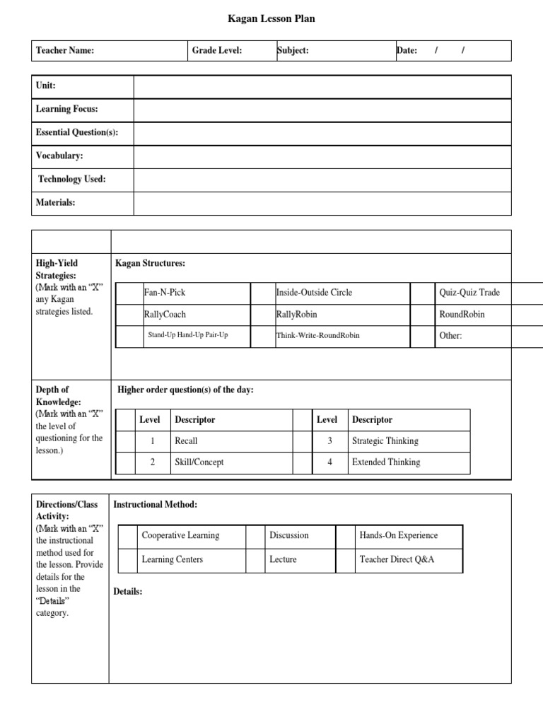 Kagan Strategies Lesson Plan Template | PDF