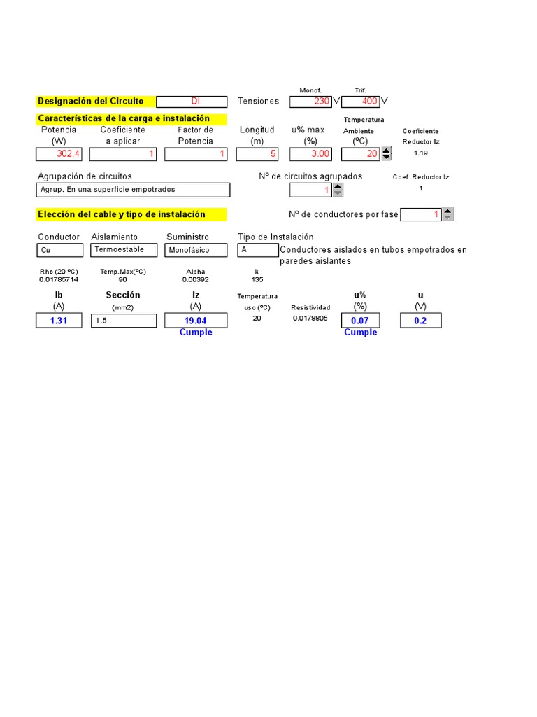 Calculo Intensidad Admisible ITC-BT-19 | PDF | Corriente eléctrica | Energia electrica