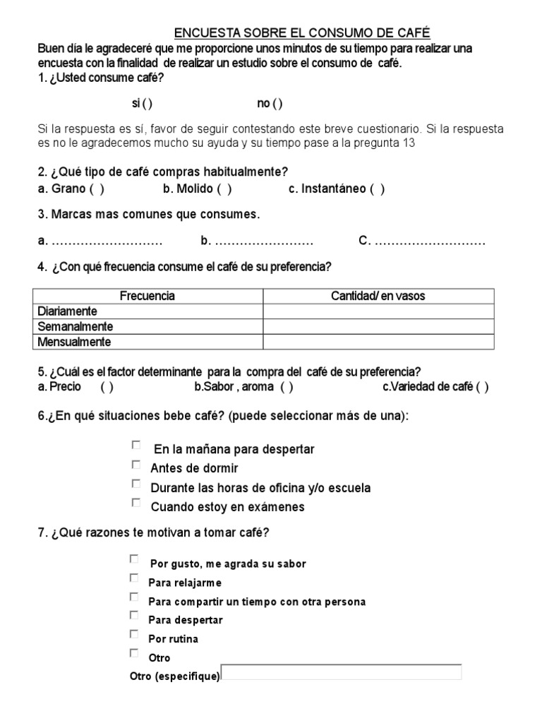 ENCUESTA DE CONSUMO DE CAFE | café | Investigación de mercado | Prueba ...