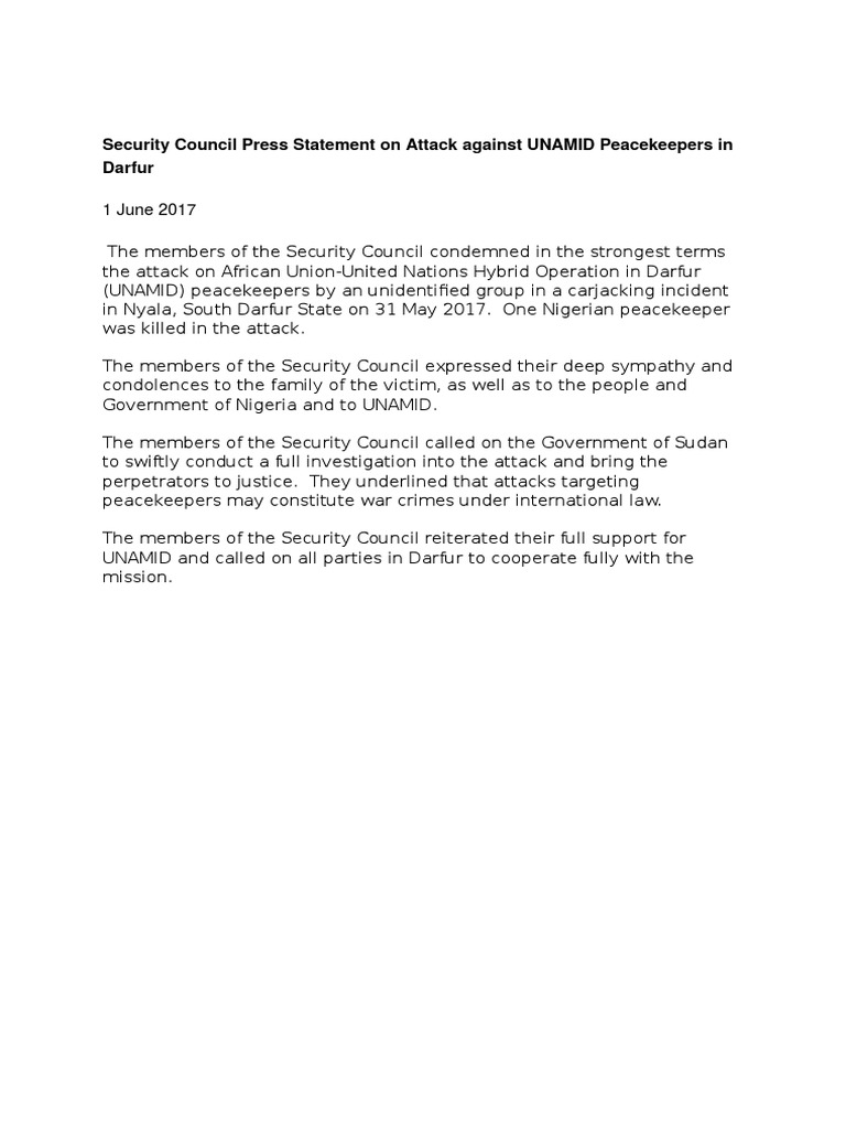 UNSC Press Statement UNAMID | PDF