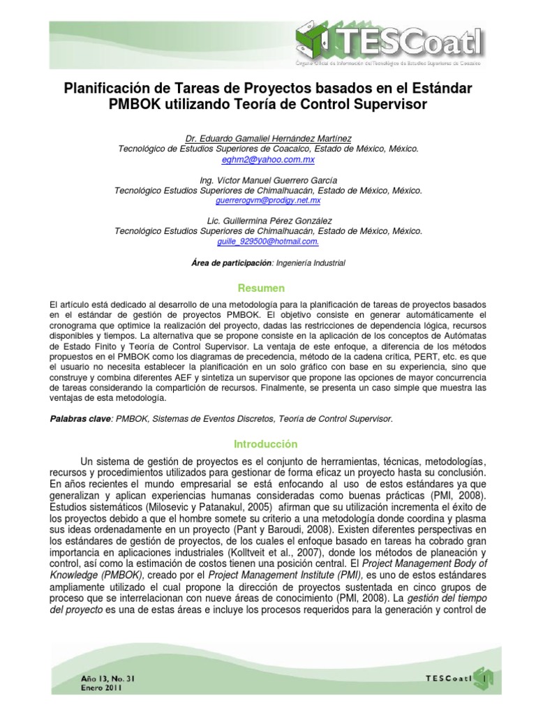 Planificación de Tareas de Proyectos Basados en El Estándar PMBOK Utilizando Teoría de Control ...