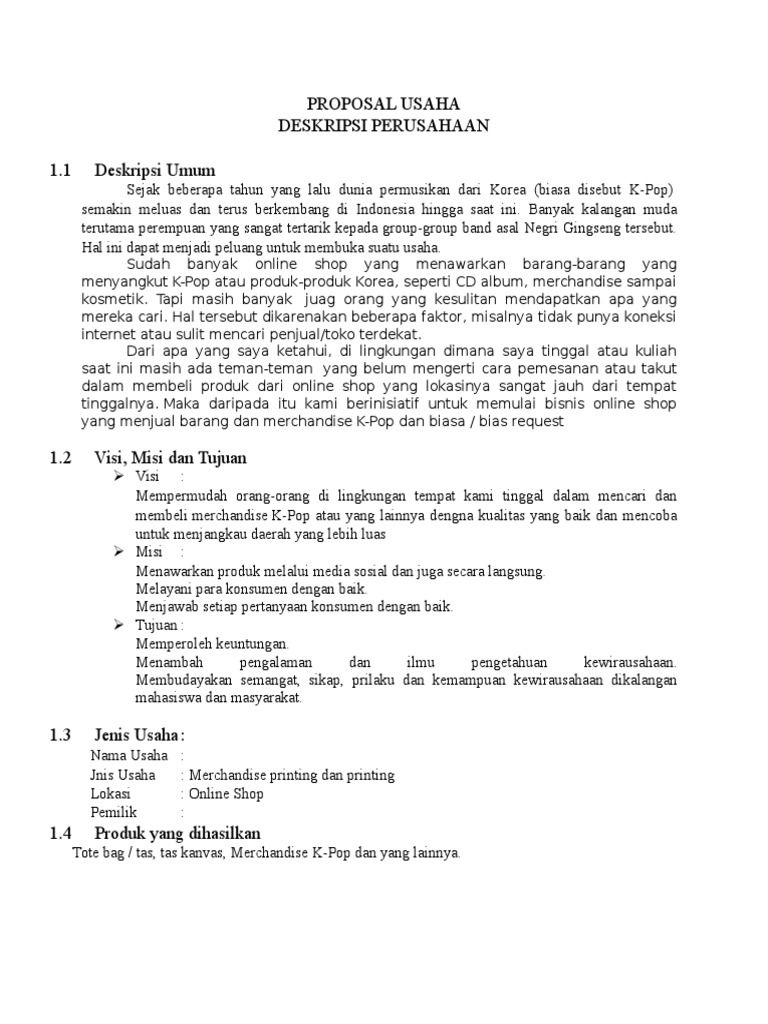 Proposal Usaha Merchandise K-Pop | PDF | Karier & Perkembangan | Seni