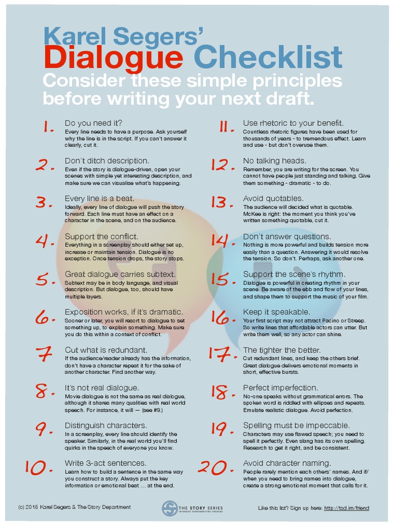 Karel Segers - Dialogue Checklist | PDF | Screenplay