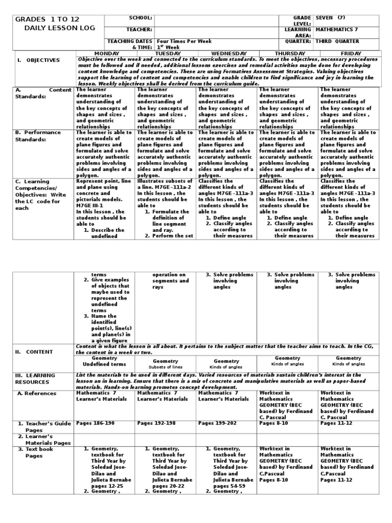 DLL - Math 7 - Q3 - W1 | PDF | Line (Geometry) | Angle
