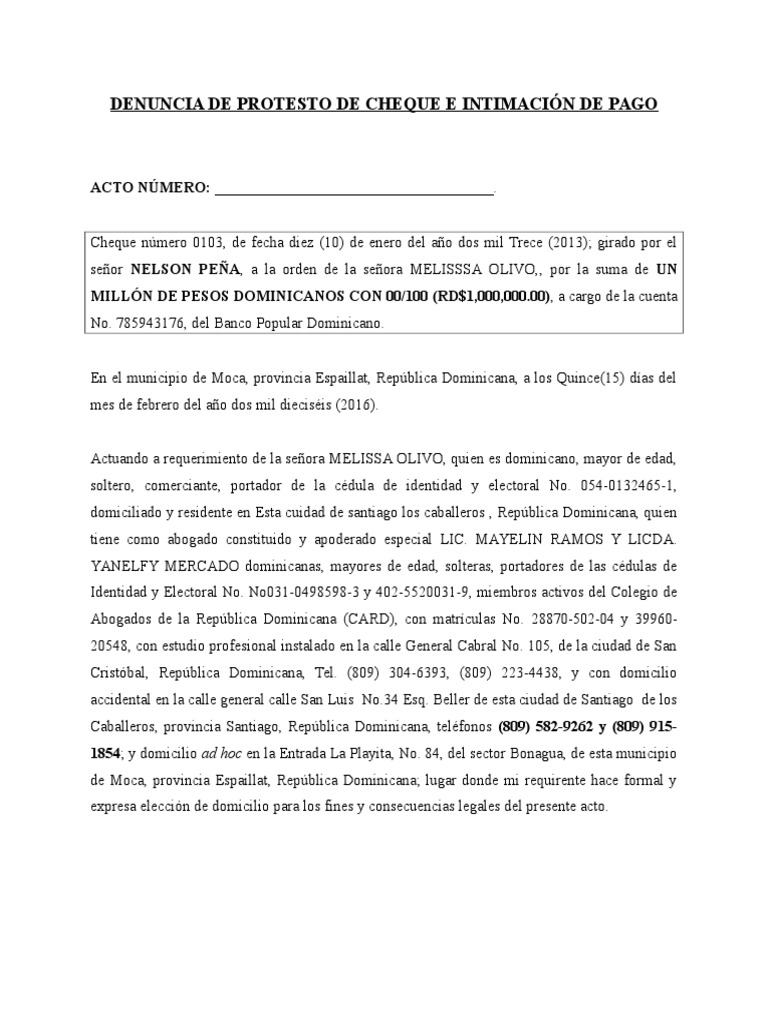 Denuncia de Protesto de Cheque e Intimación de Pago Maye | República ...