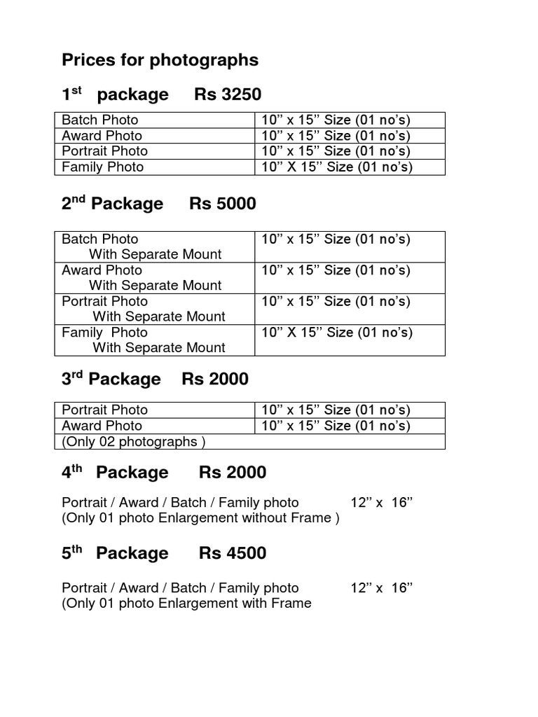 Photography Packages & Prices | PDF