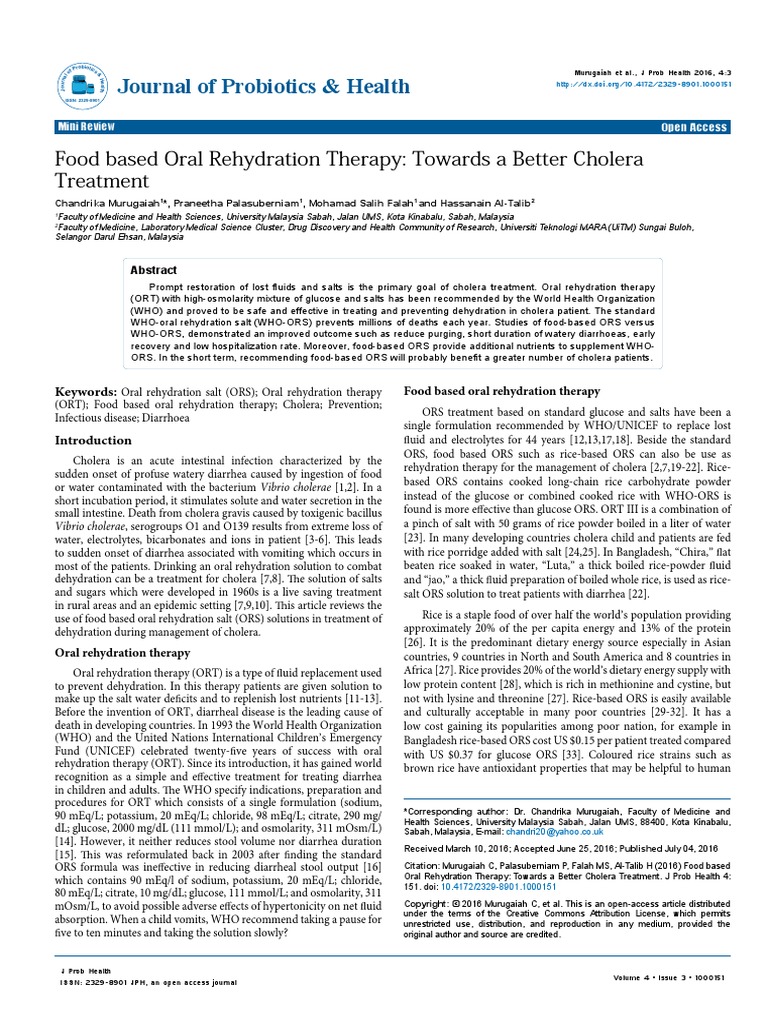 Food Based Oral Rehydration Therapy Towards A Better Choleratreatment ...
