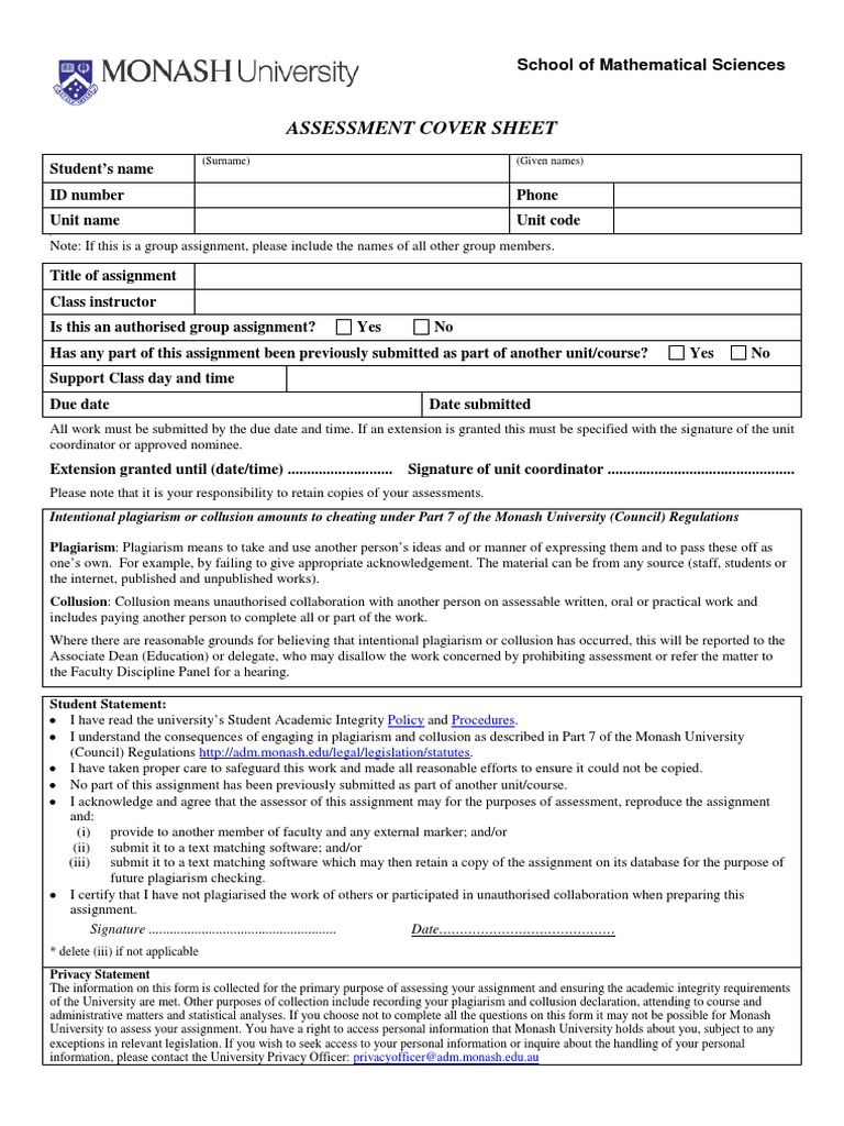 Assessment Cover Sheet Mathematical Sciences | PDF | Academic Integrity ...