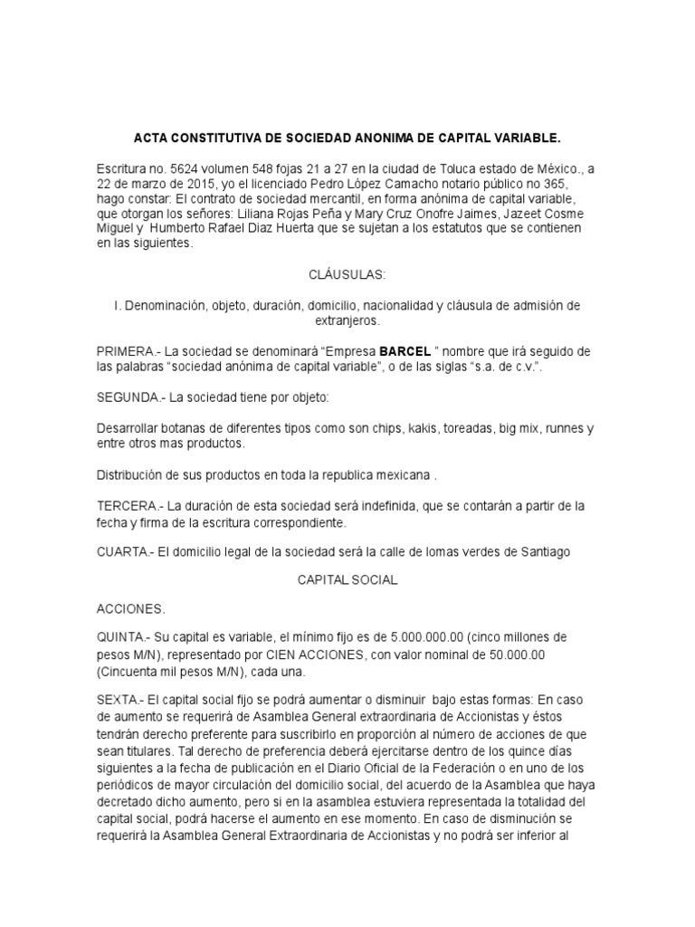 Acta Constitutiva de Sociedad Anonima de Capital Variable | PDF | Liquidación | Gobierno