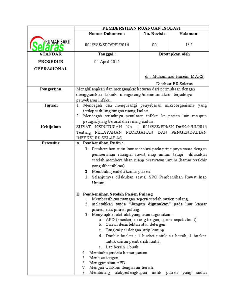 Spo Pembersihan Ruangan Isolasi | PDF