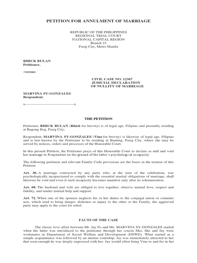 Petition For Annulment of Marriage | PDF | Annulment | Marriage