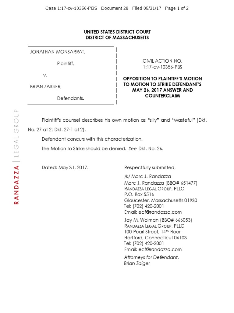 ZAIGER RESPONSE TO Motion To Strike Answer | PDF | Lawsuit | Judiciaries
