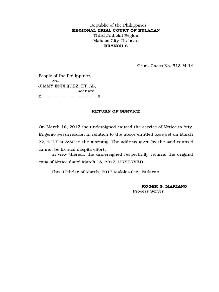 Regional court document return of service unserved | PDF