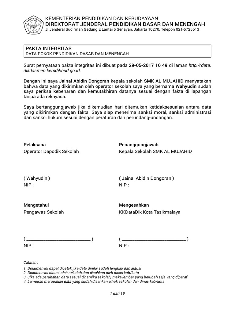 Pakta Integritas SMK Al Mujahid | PDF