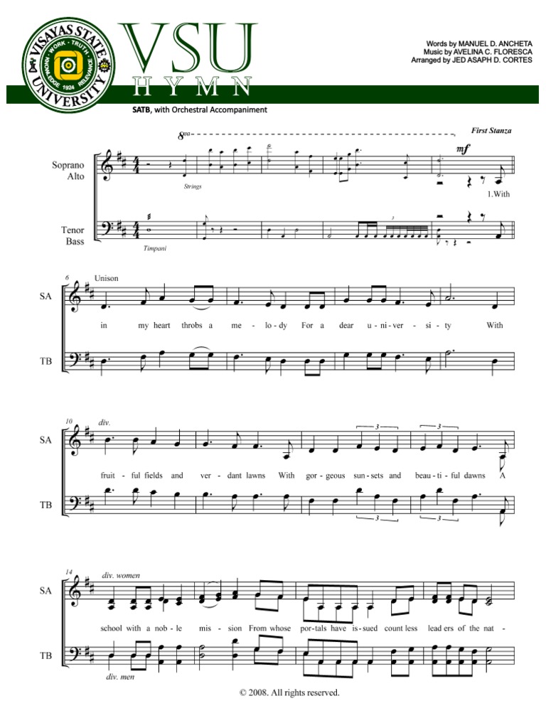 VSU Hymn - SATB For The University Choral Ensemble (2008) | PDF