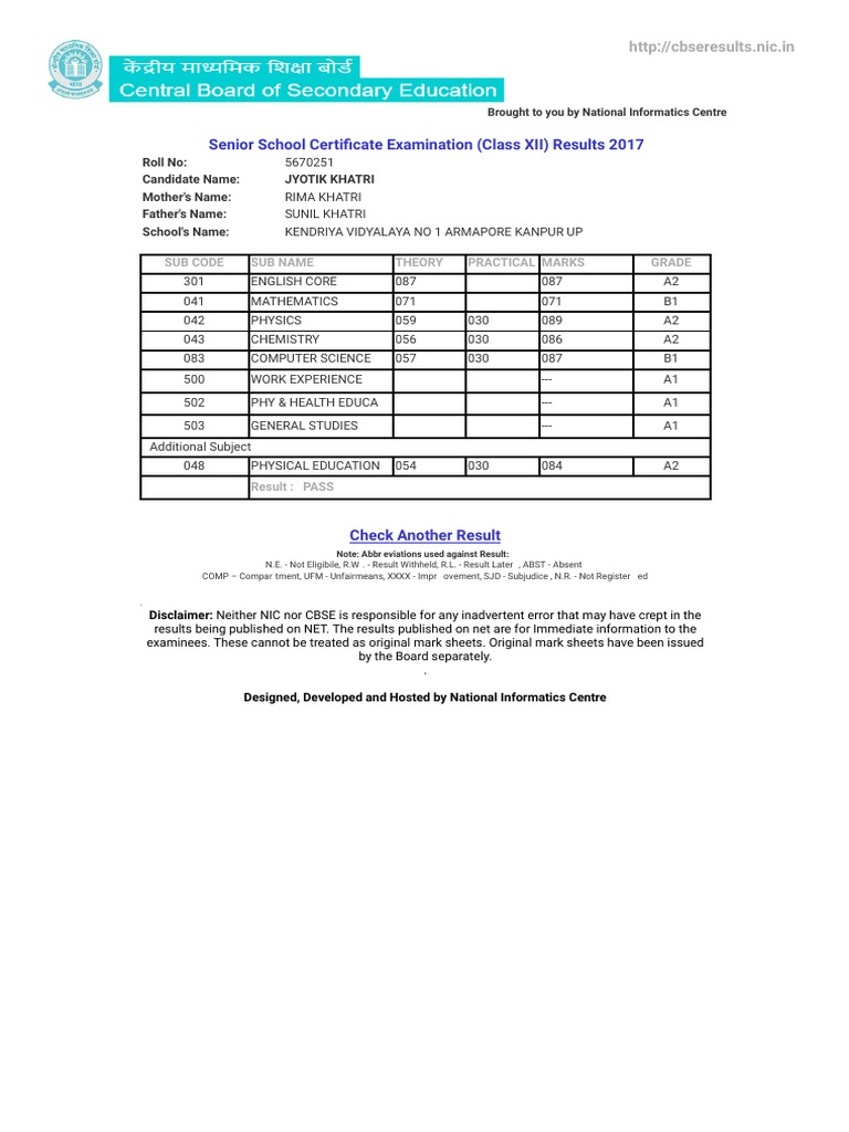 CBSE - Senior School Certificate Examination (Class XII) Results 2017 ...